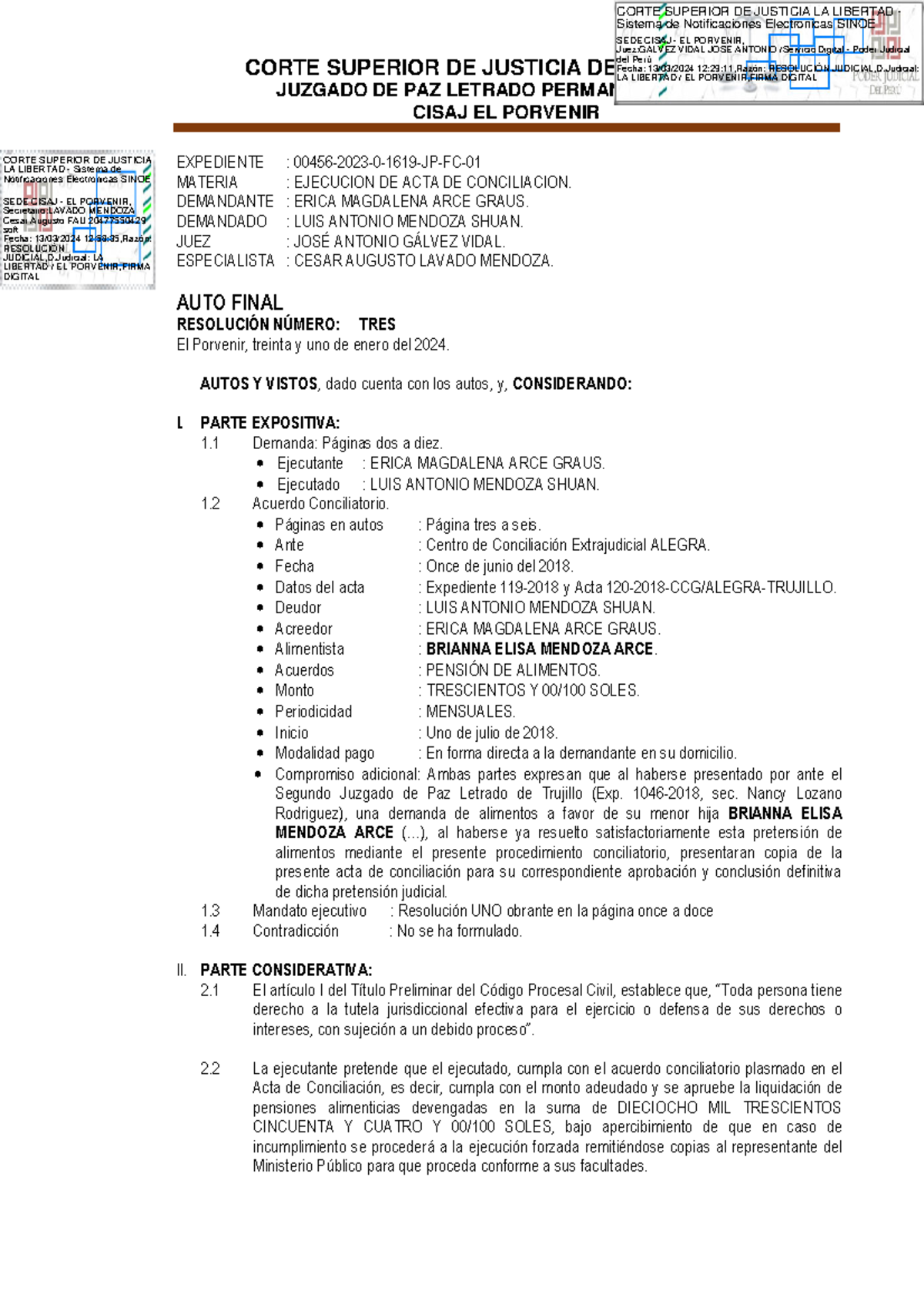 AUTO FINAL RESOLUCIÓN JUDICIAL - EJECUCIÓN DE ACTA DE CONCILIACIÓN FAU ...
