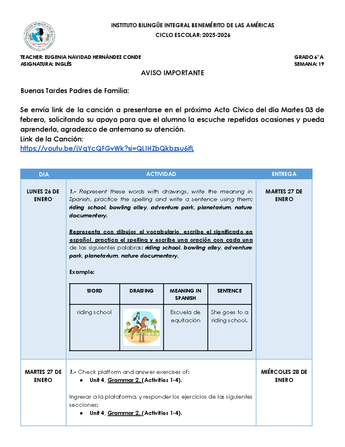 Tareas de la Semana 19 - 6A Inglés - Acto Cívico y Vocabulario - Studocu