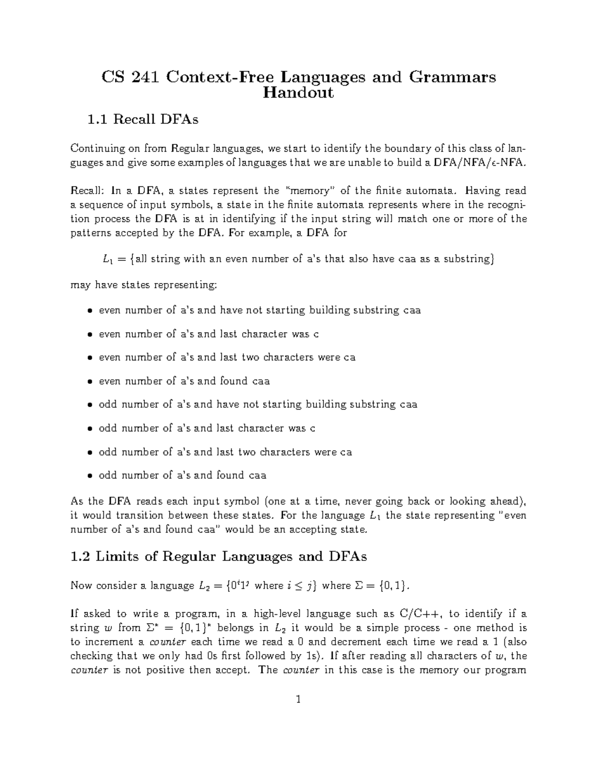 CS 241 Context-Free Languages Notes and Key Concepts - Studocu