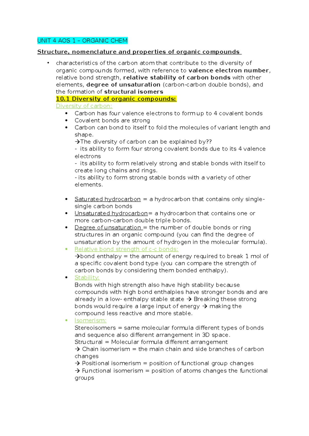Hydrocarbons Unit 4 AOS 1: Structure, Nomenclature & Properties - Studocu