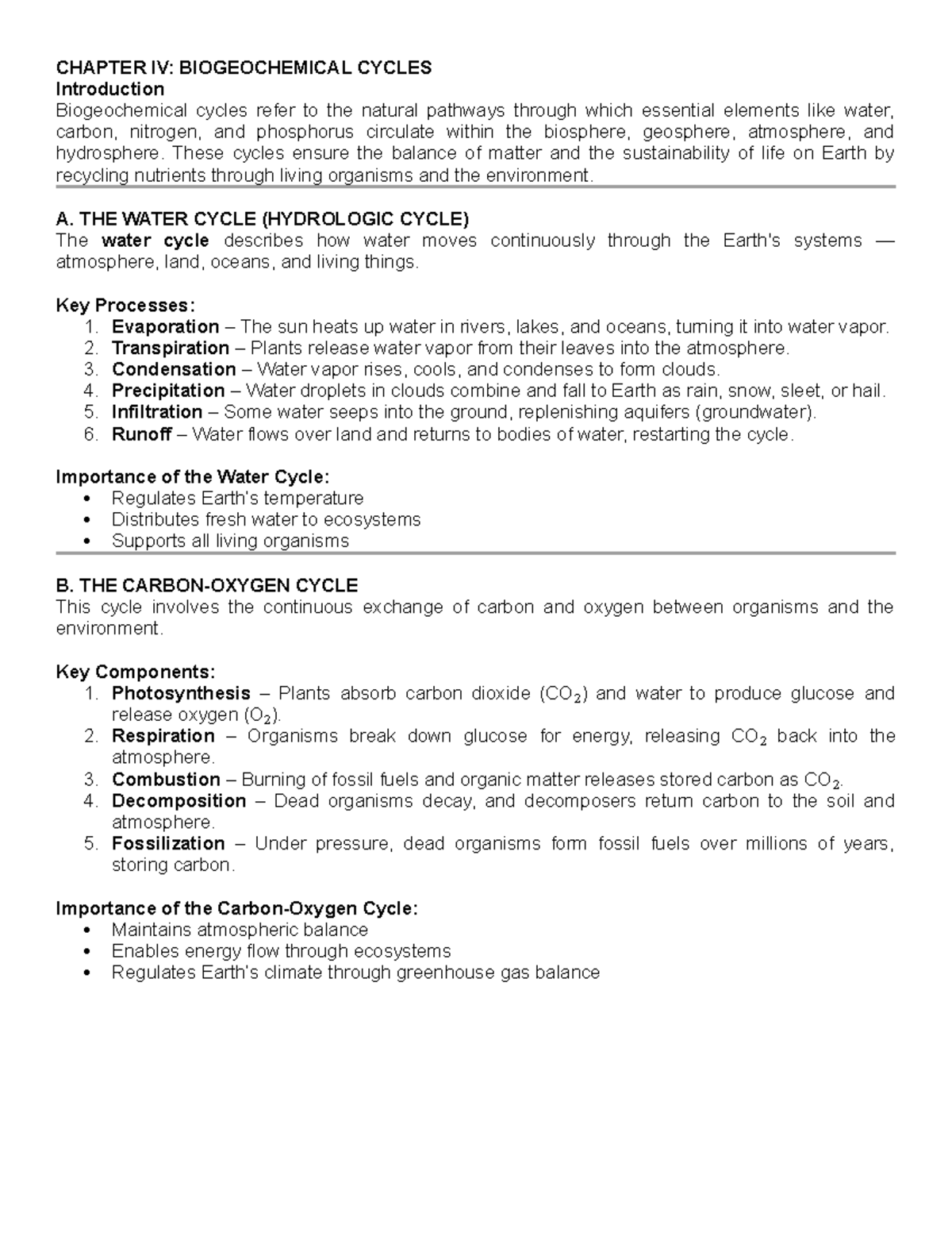 CHAPTER IV: BIOGEOCHEMICAL CYCLES - Water, Carbon, Nitrogen, Phosphorus ...