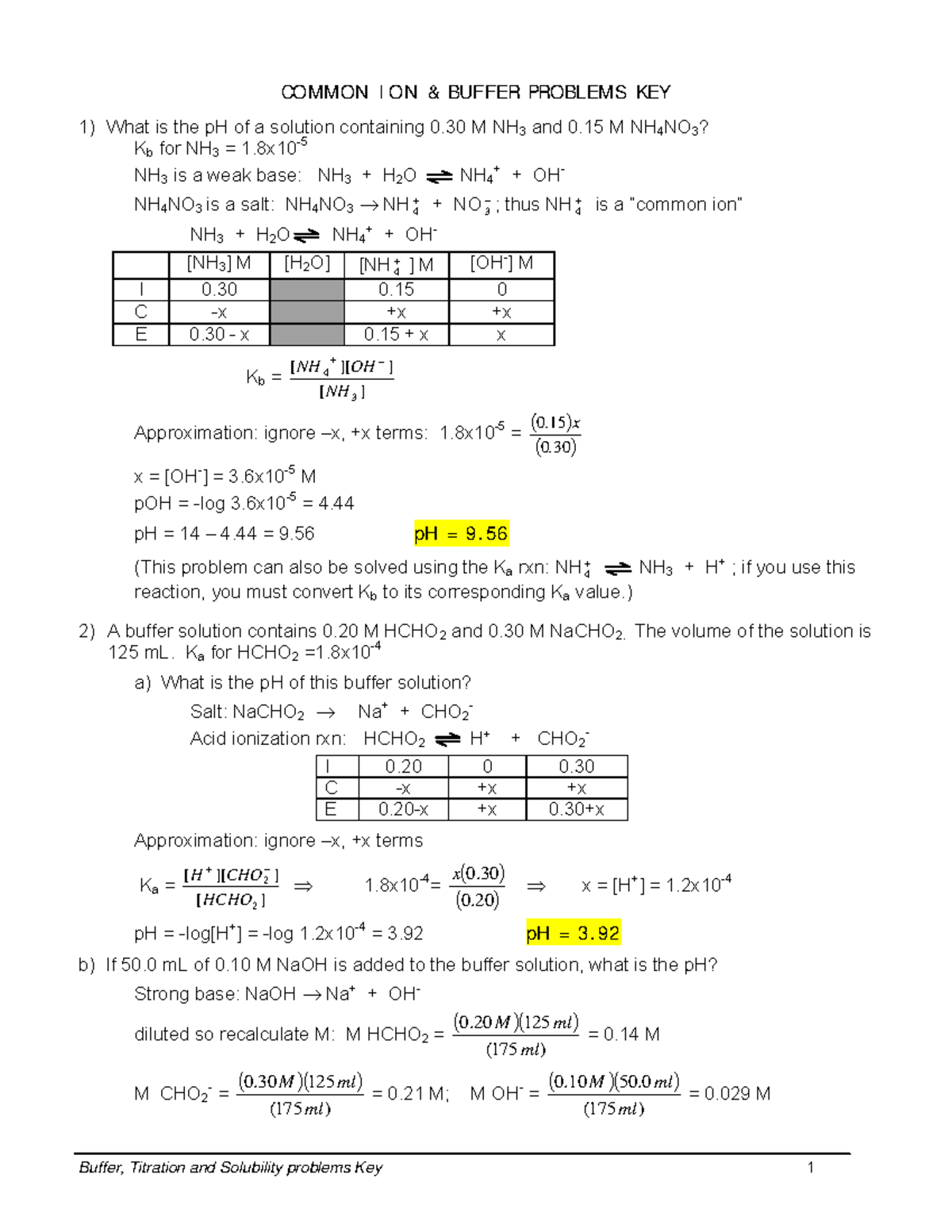 Buffer, Titration, and Solubility Problems Key (CHEM 101) - Studocu