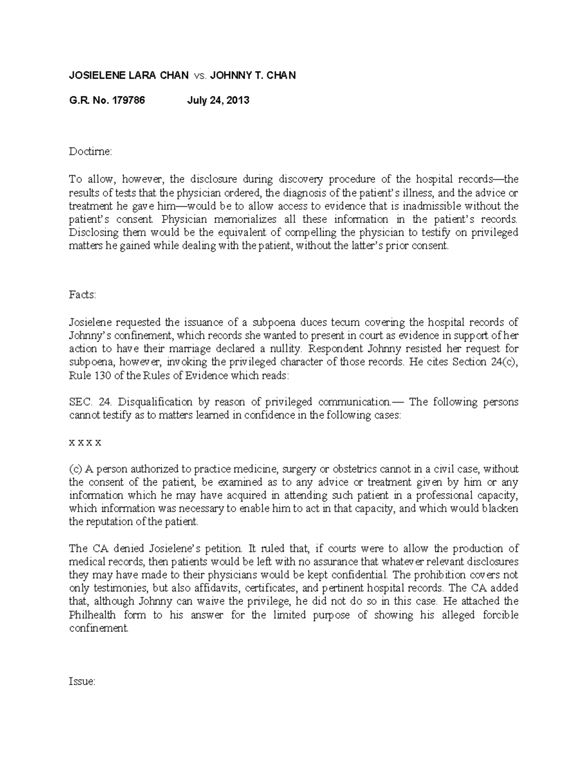 G.R. No. 179786: Chan vs. Chan Medical Records Privilege Analysis - Studocu