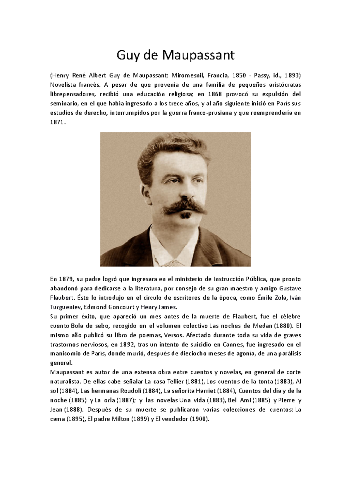 Estudio sobre Guy de Maupassant: Vida y Obra Literaria - Studocu