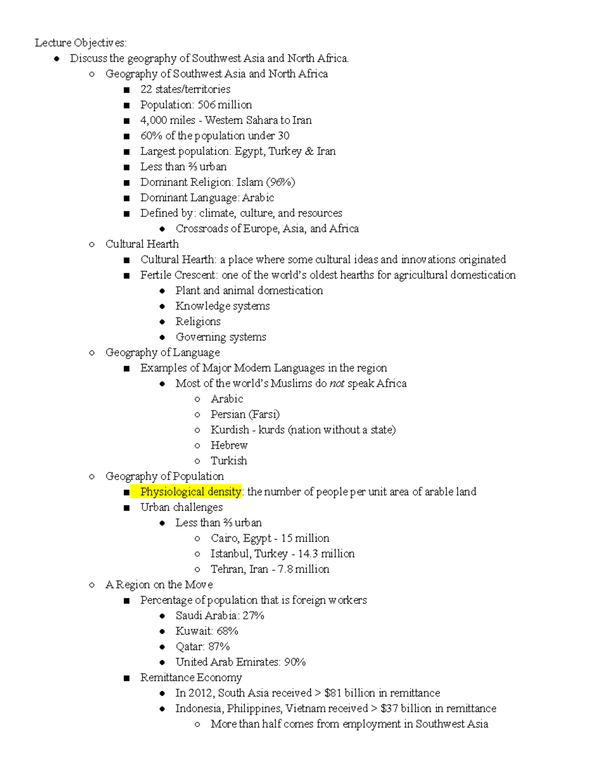 Southwest Asia North Africa GEOG 102 - Lecture Objectives: Discuss the ...