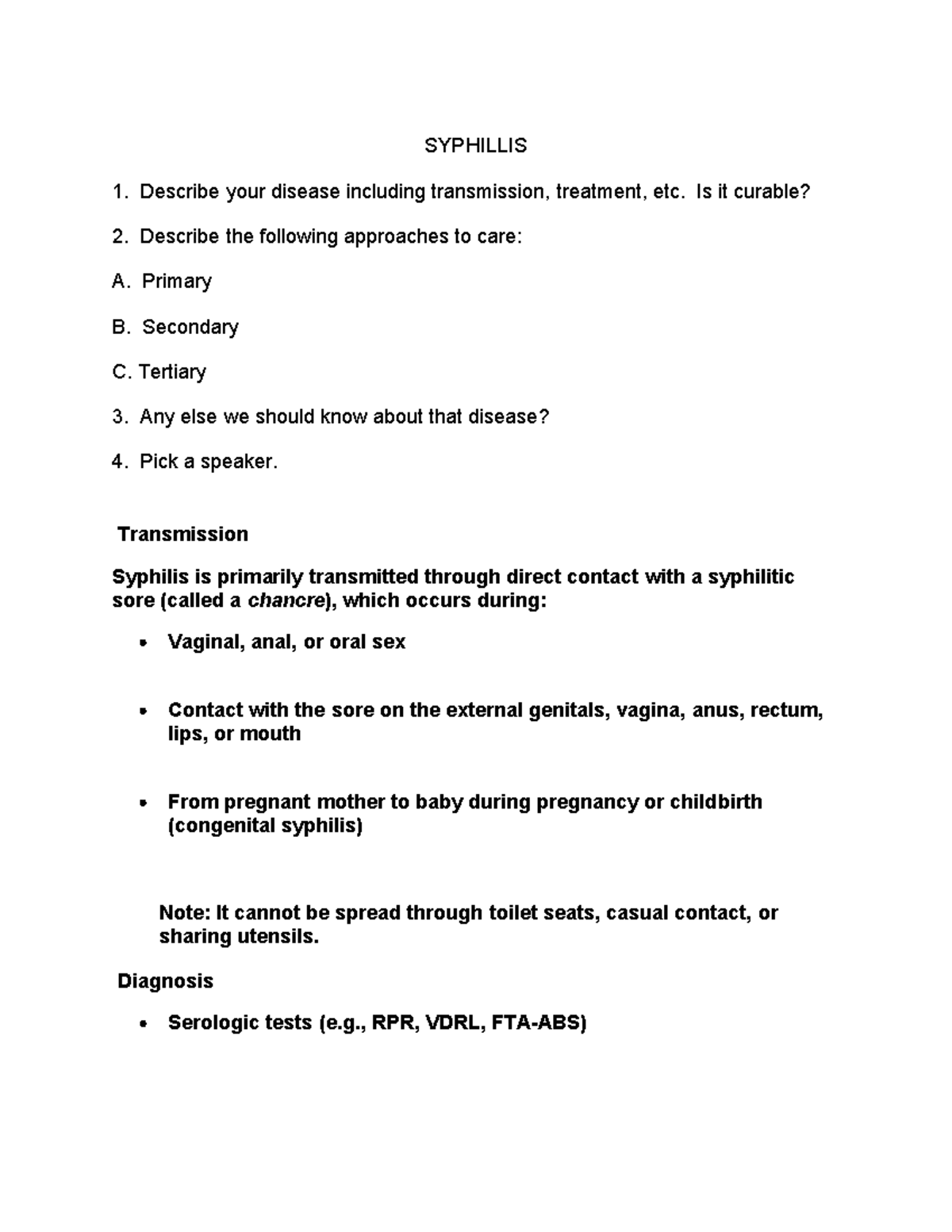 Syphilis Overview: Transmission, Treatment, and Care Approaches - Studocu