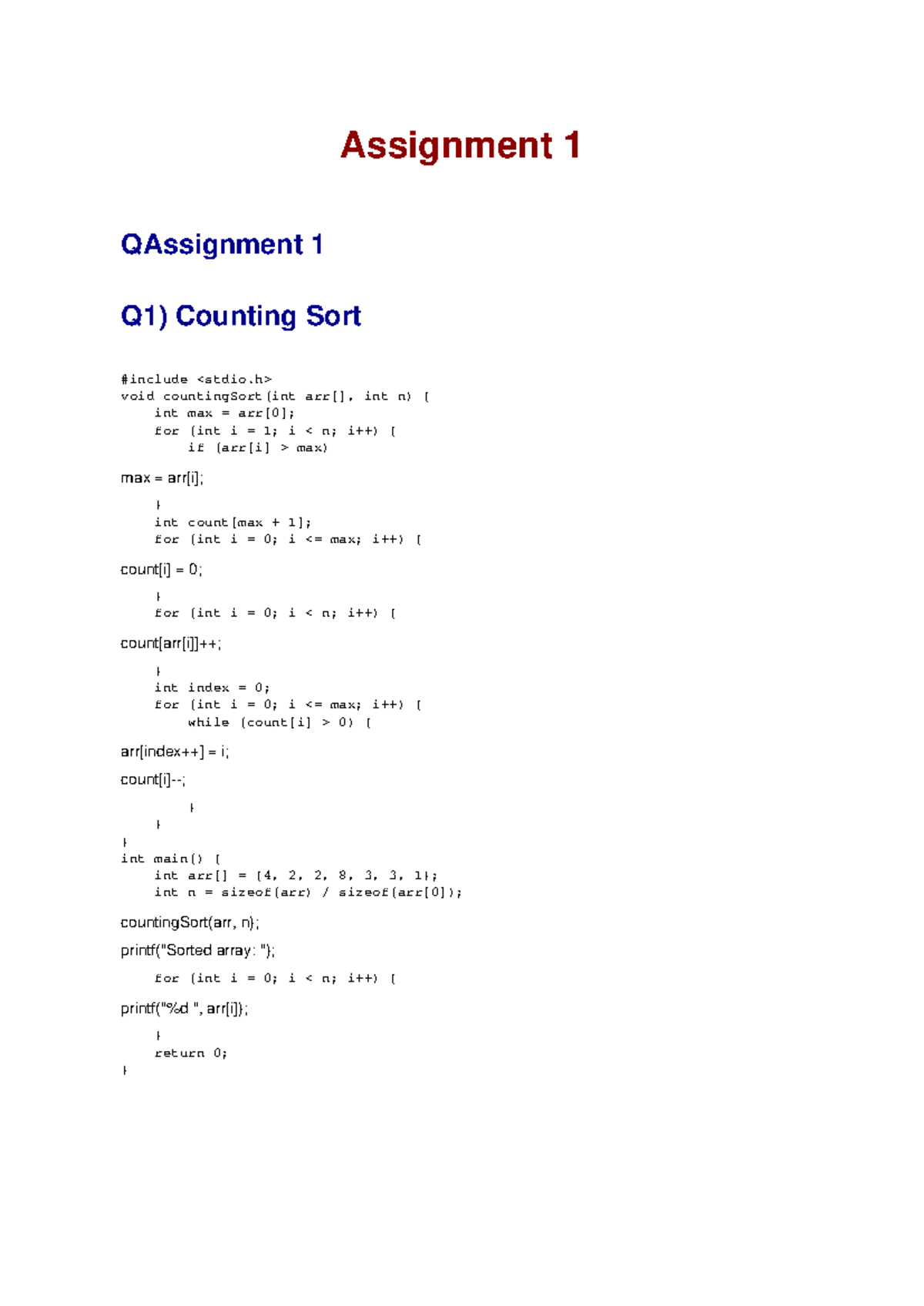 Assignment 1 Final - Counting and Radix Sort Techniques - Studocu