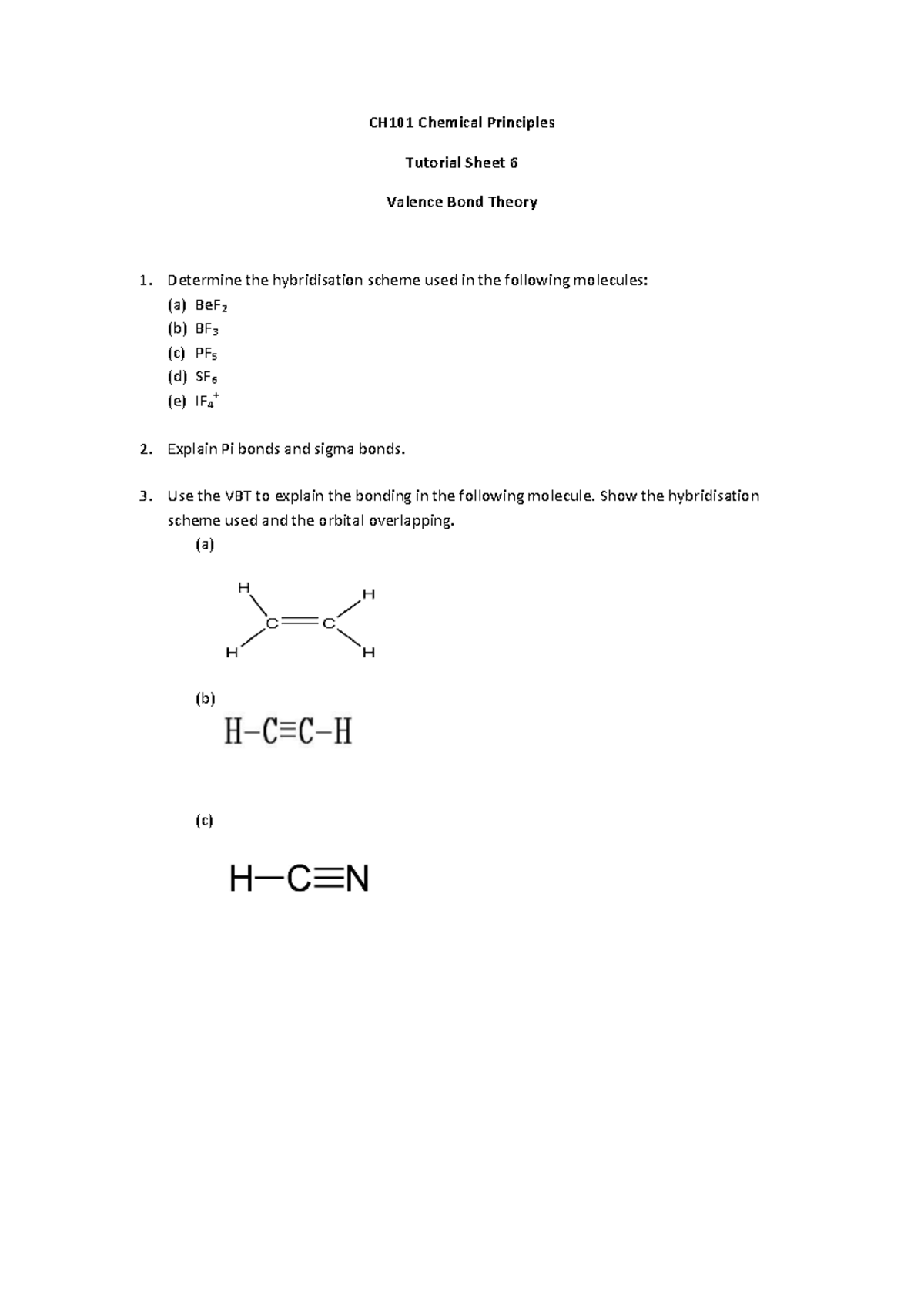 Tutorial Sheet 6 - Organic Chemistry - CH101 Chemical Principles ...