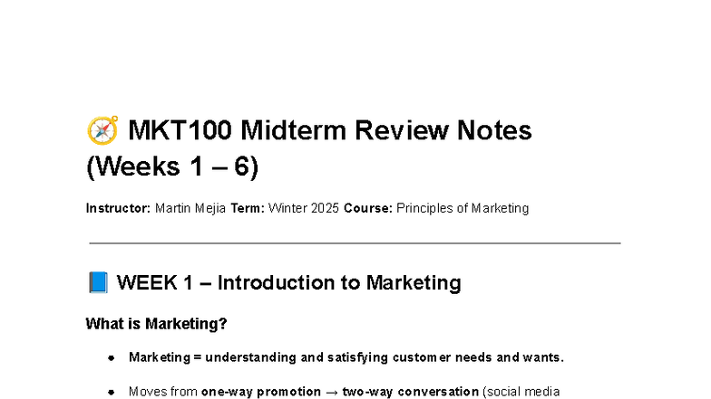 MKT100 Midterm Review Notes: Marketing Concepts & Strategies - Studocu