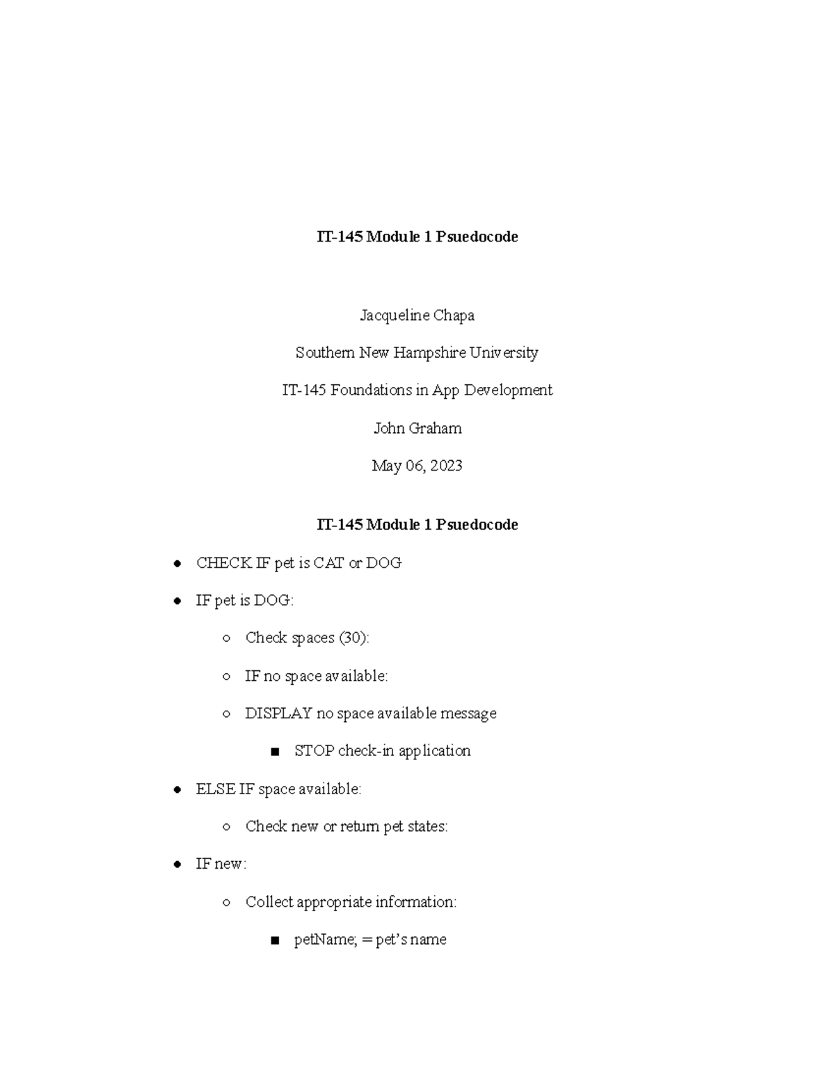IT-145 Module 1 Pseudocode for Pet Check-In Process - Studocu