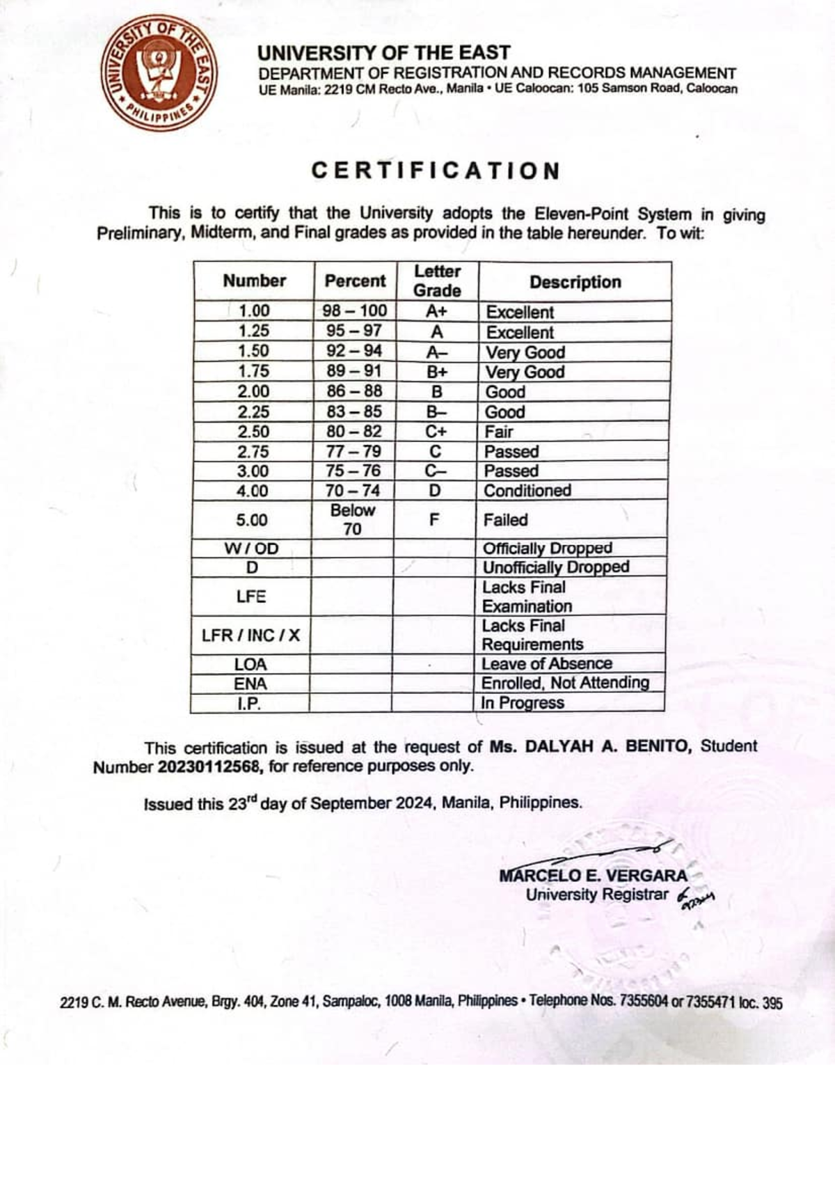 Grading System Certification - UE MNL - Studocu