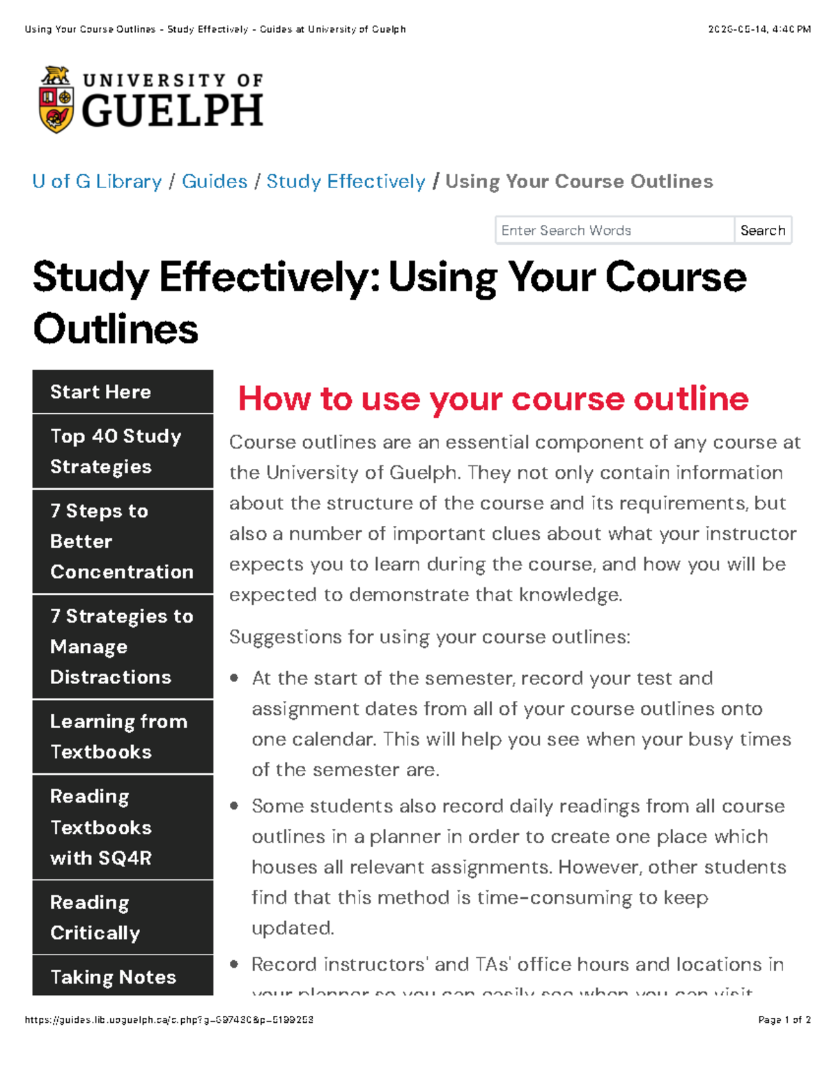 Using Course Outlines for Effective Study Strategies at U of G - Studocu