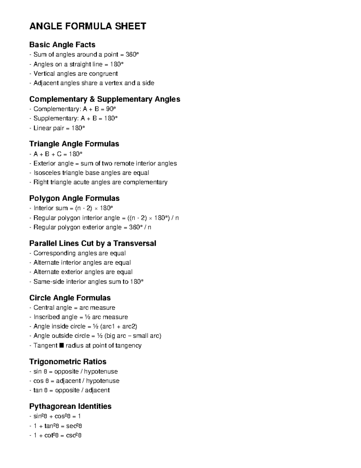 ANGLE FORMULA SHEET: Key Concepts & Formulas for Geometry - Studocu