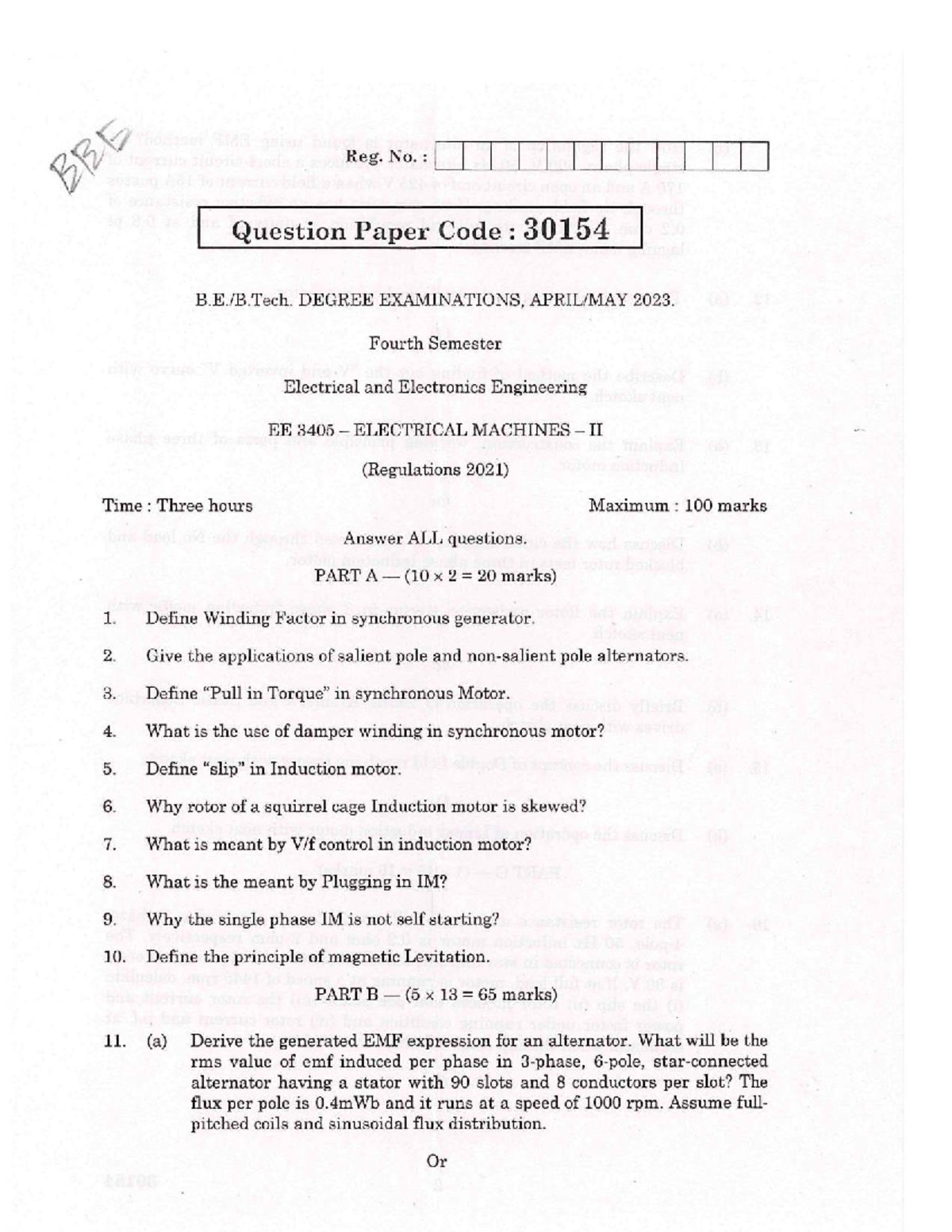 EE 3405 Electrical Machines II - Degree Exam Q3, 2023 - Studocu