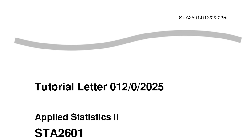 STA2601 Assignment 2 Questions: Applied Statistics II (2025) - Studocu