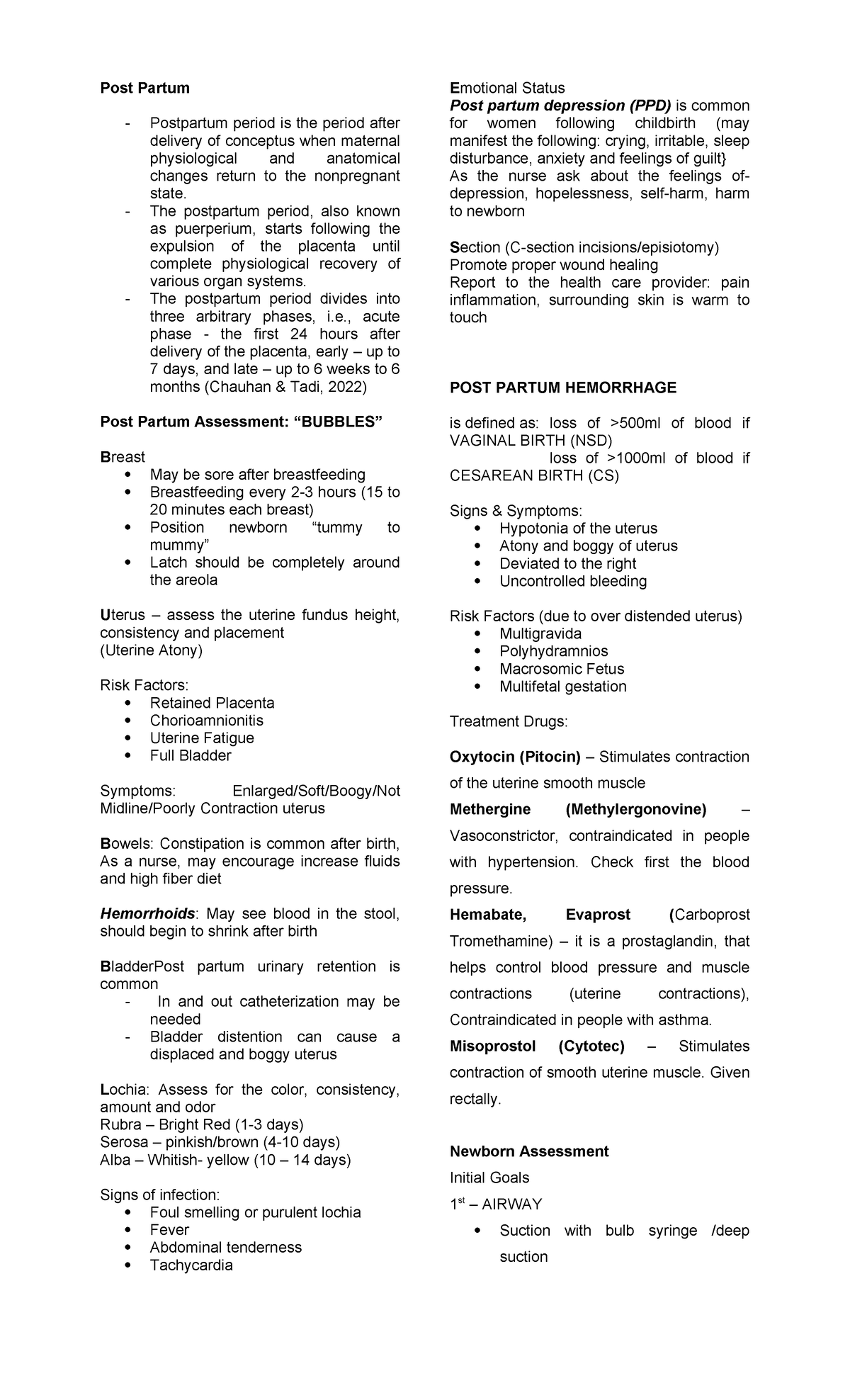 Postpartum Care and Assessment: RLE Trans Notes - Studocu