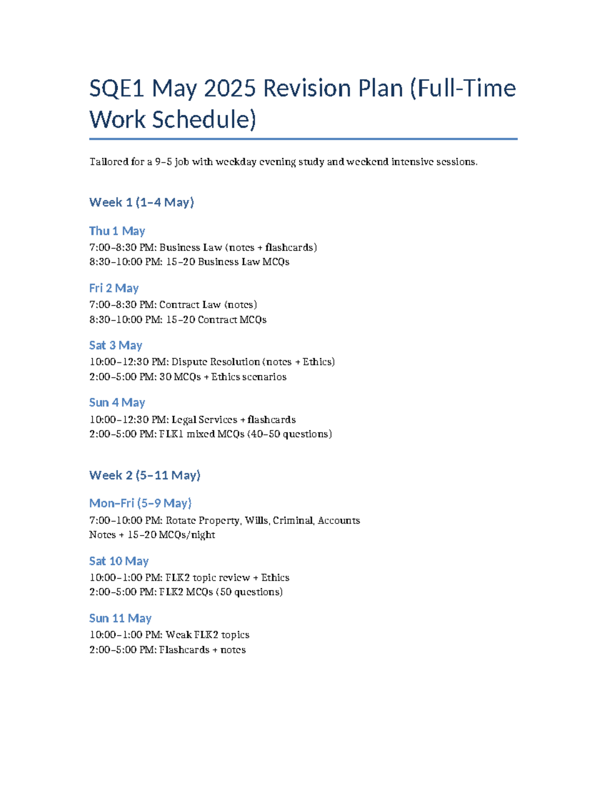 SQE1 May 2025 Full-Time Revision Plan and Schedule - Studocu