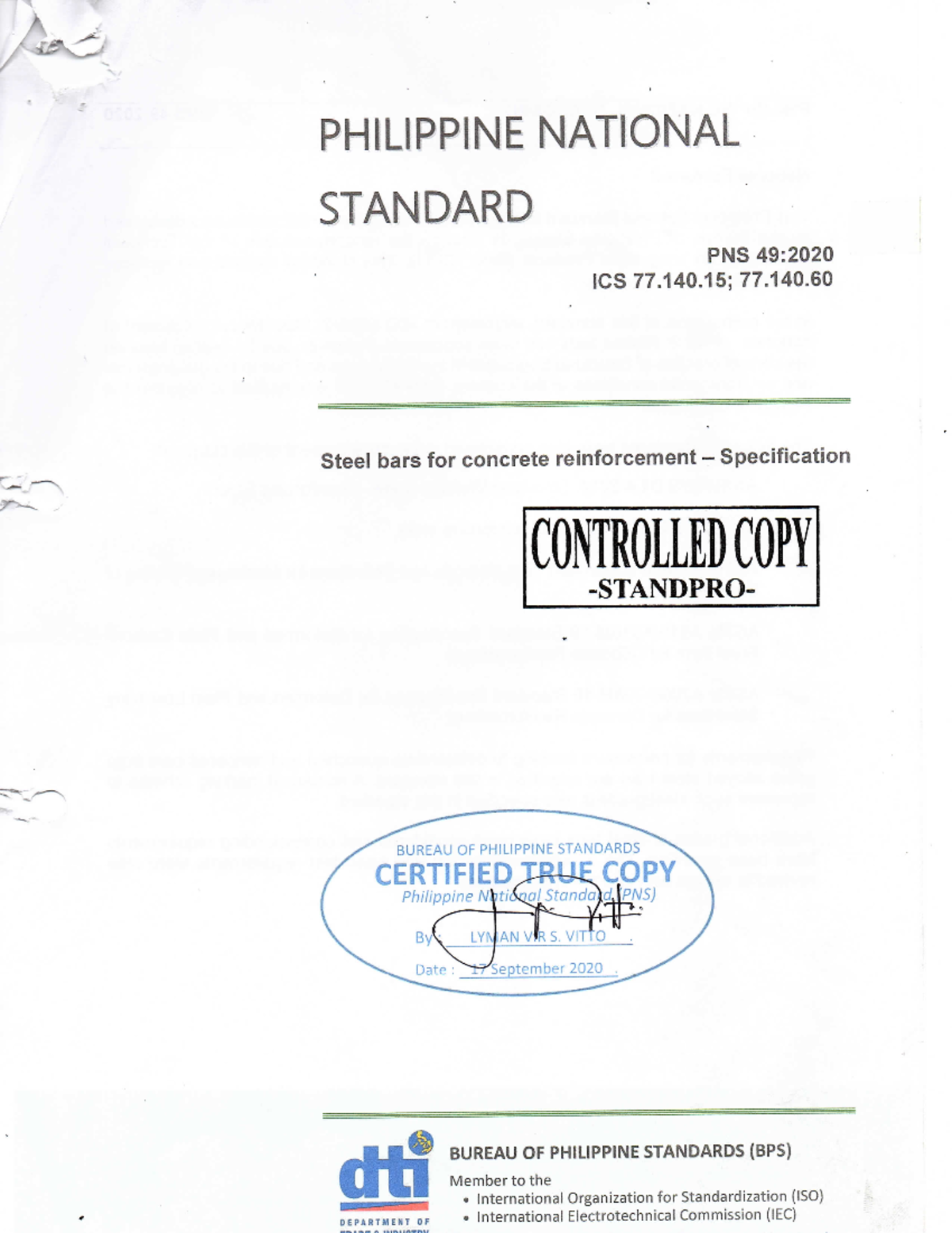 PNS 49-2020 - Specification for Steel Bars in Concrete Reinforcement ...