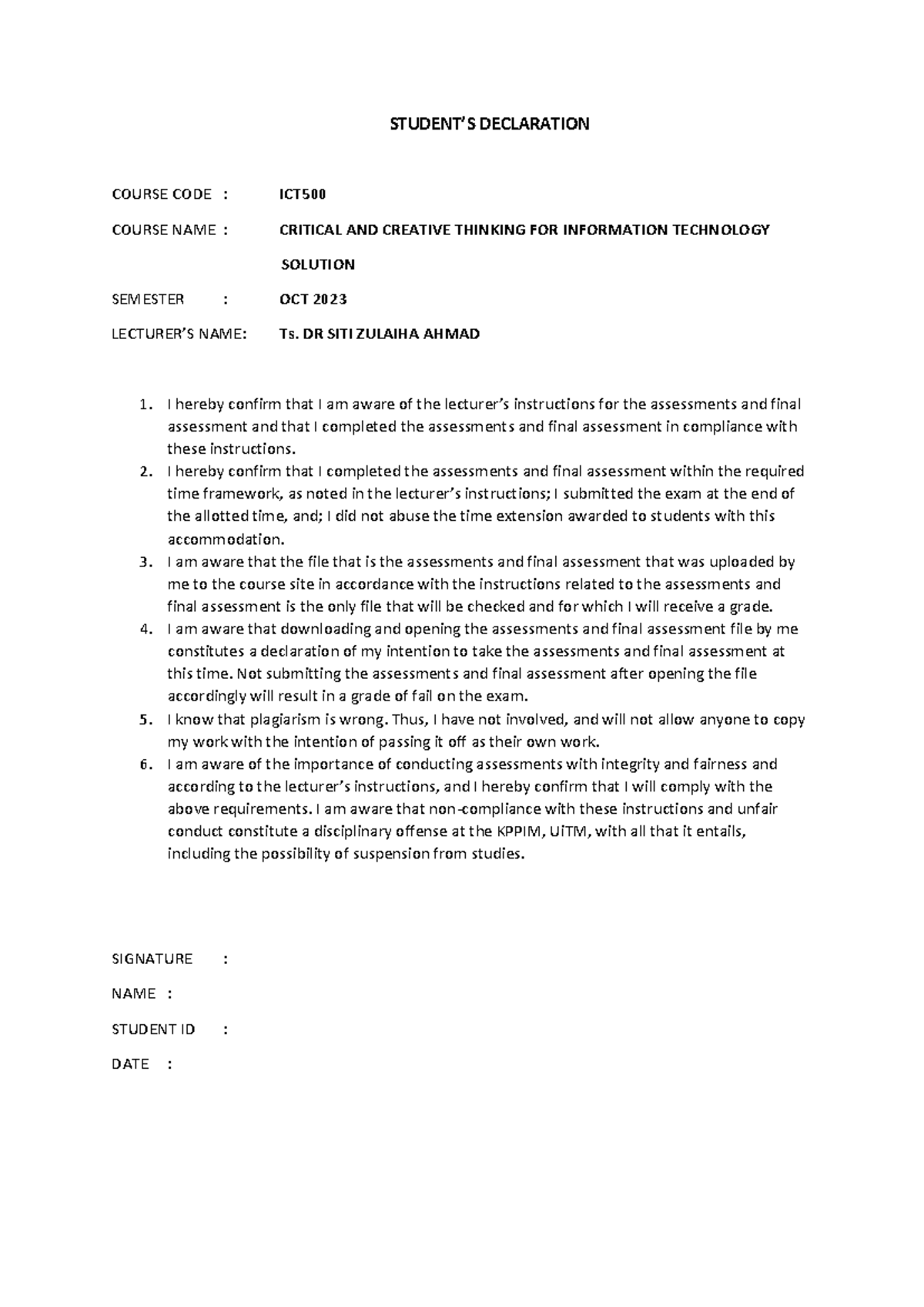 Sample Test - test - STUDENT’S DECLARATION COURSE CODE : ICT COURSE ...