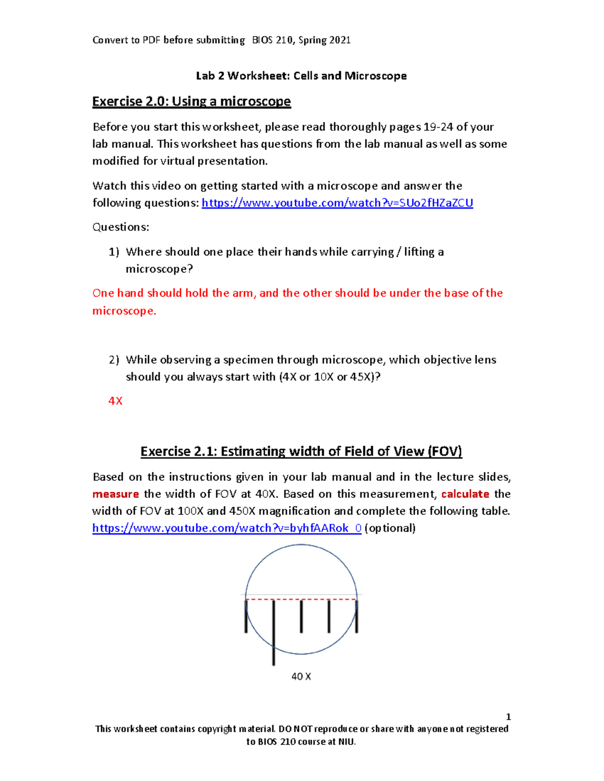Lab 2 - Cells and Microscope - 1 Lab 2 Worksheet: Cells and Microscope ...