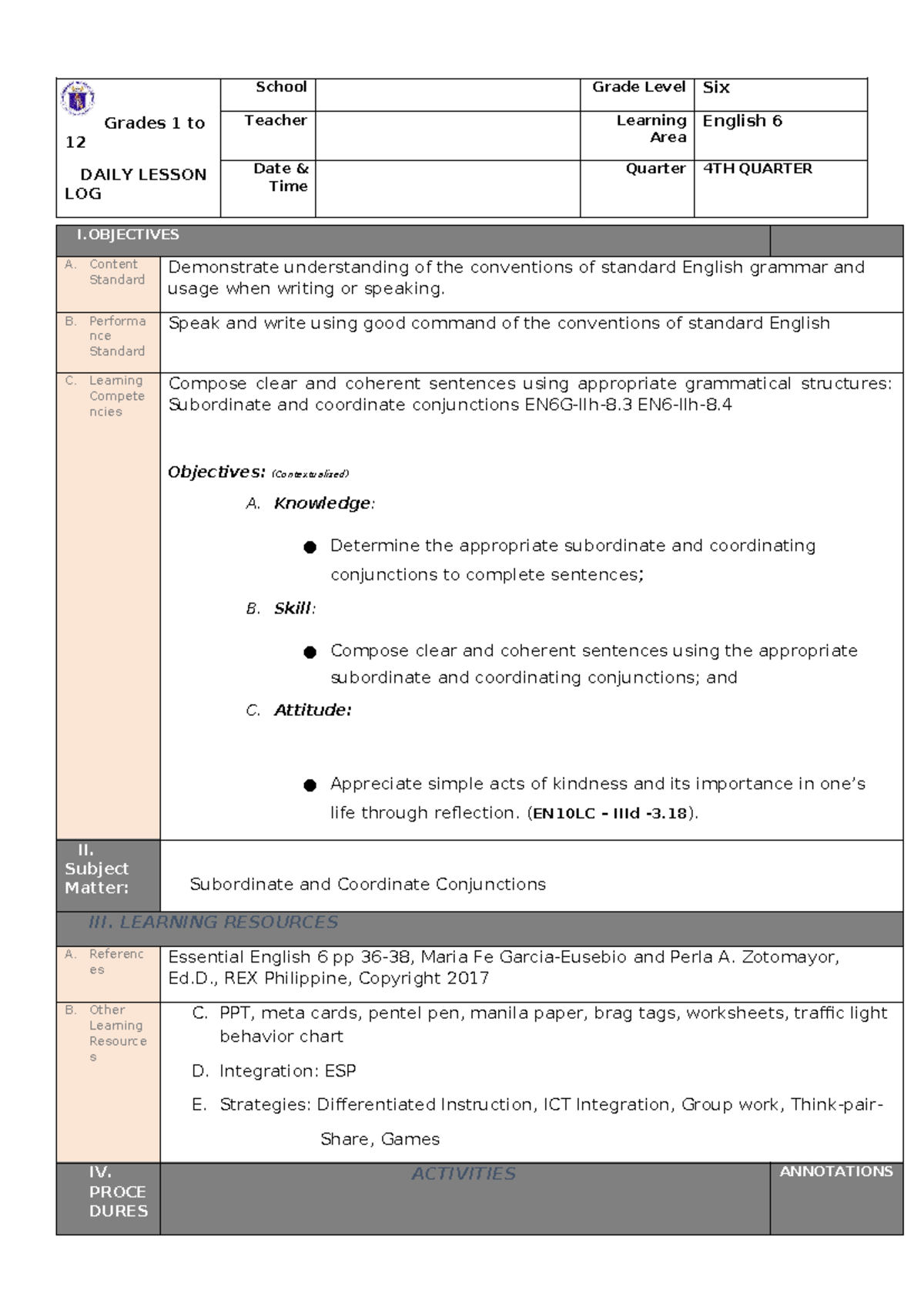 Q4 COT English 6: Mastery of Conjunctions in Sentence Construction ...