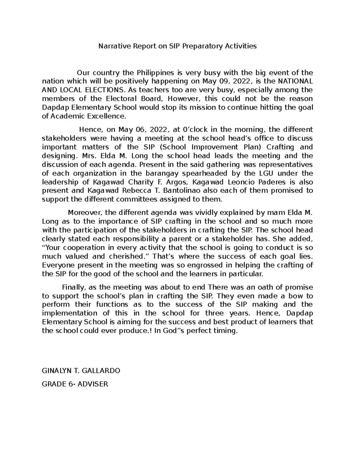 Narrative Report on SIP Preparatory Activities - As teachers too are ...