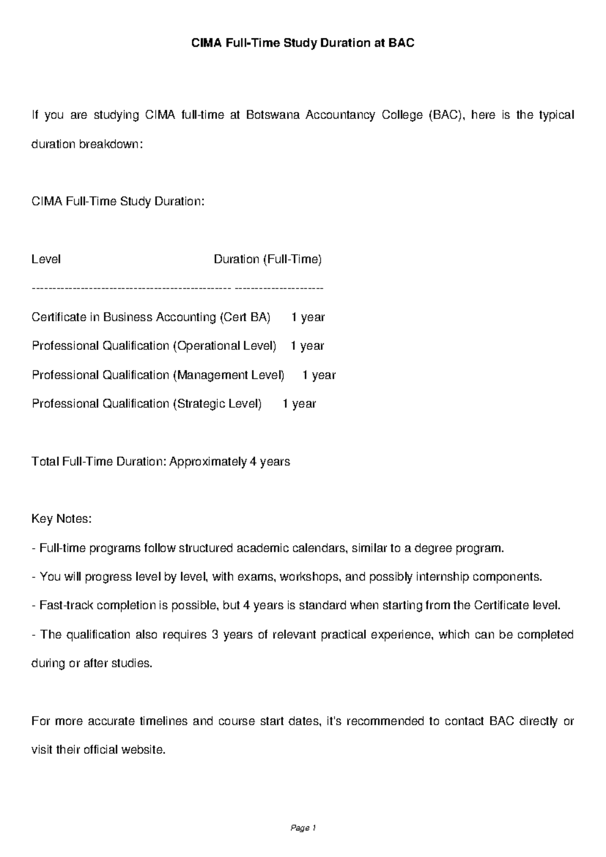 CIMA Full-Time Study Duration Breakdown at BAC: 4 Years Total - Studocu