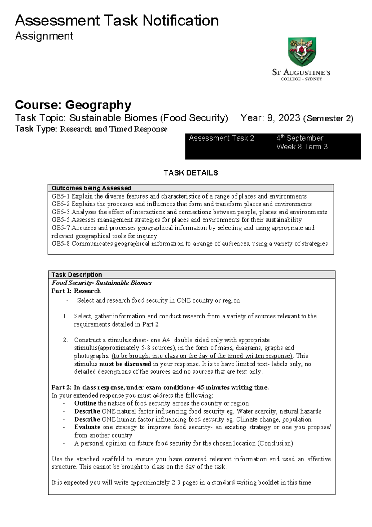 Geography Assessment Task 2: Sustainable Biomes & Food Security (Year 9 ...