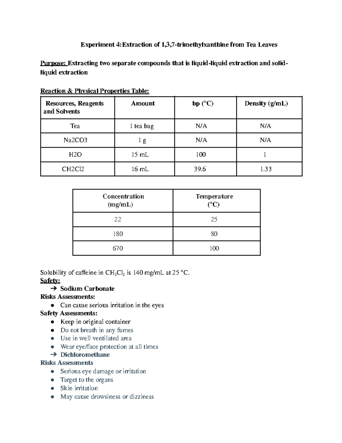 Lab Report 4: Extraction of Compounds from Tea Leaves Experiment - Studocu