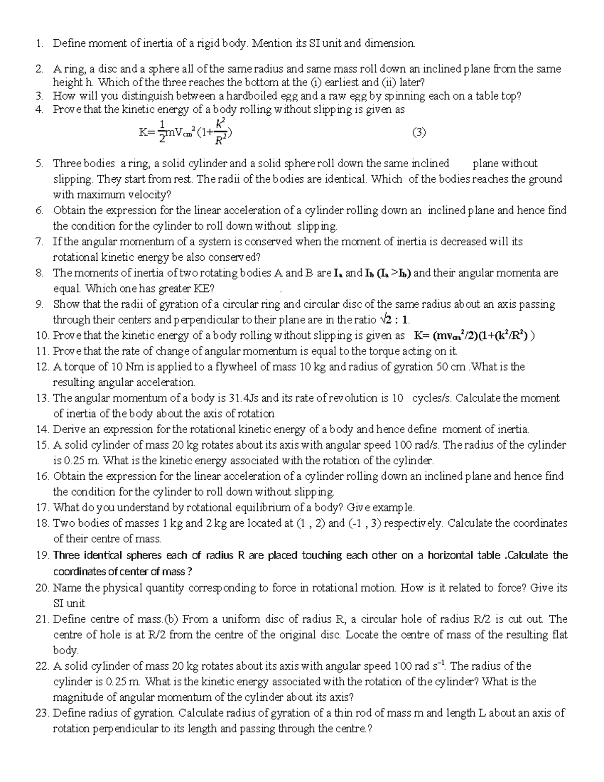 Rotational Motion - Revision Worksheet (Physics 101) - Studocu