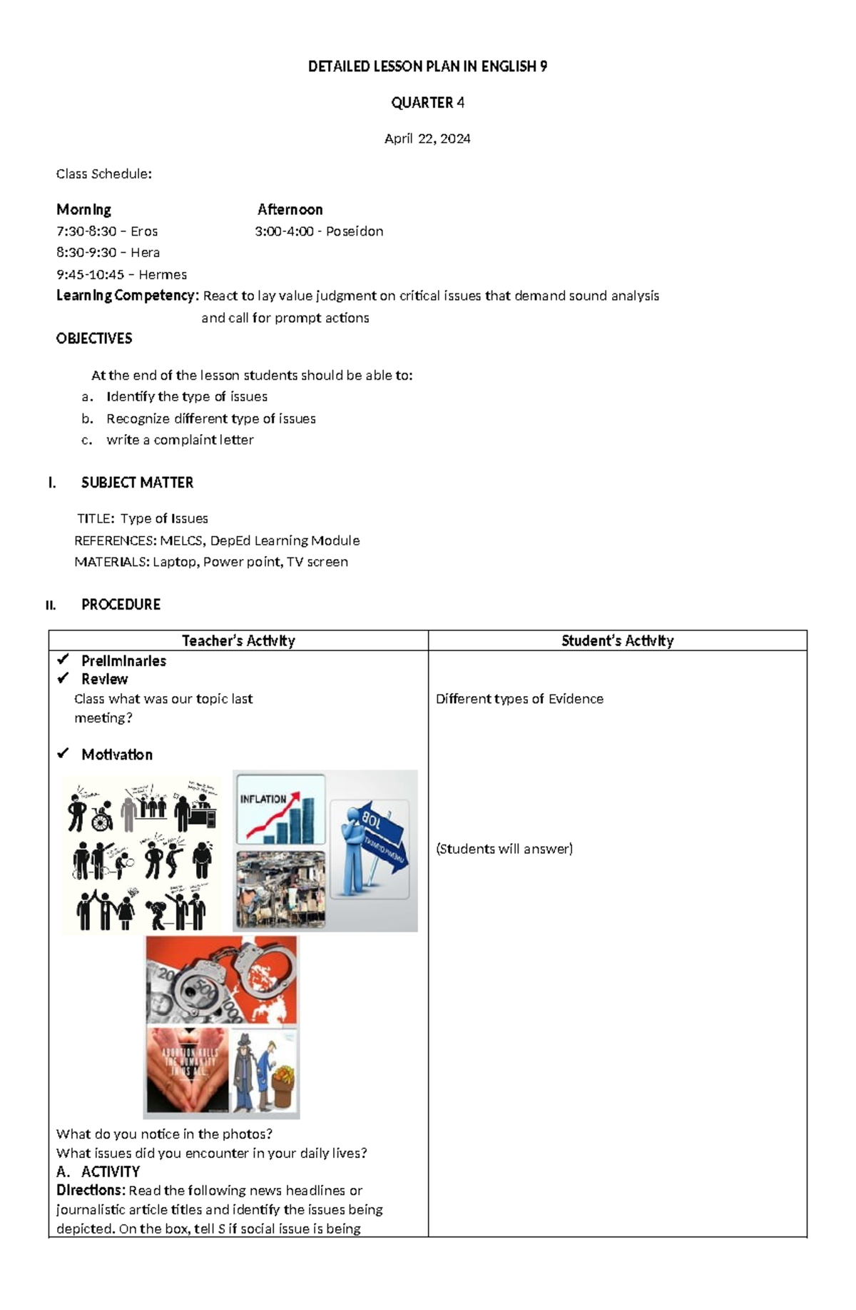 Quarter 4 Detailed Lesson Plan: Analyzing Issues in English 9 - Studocu