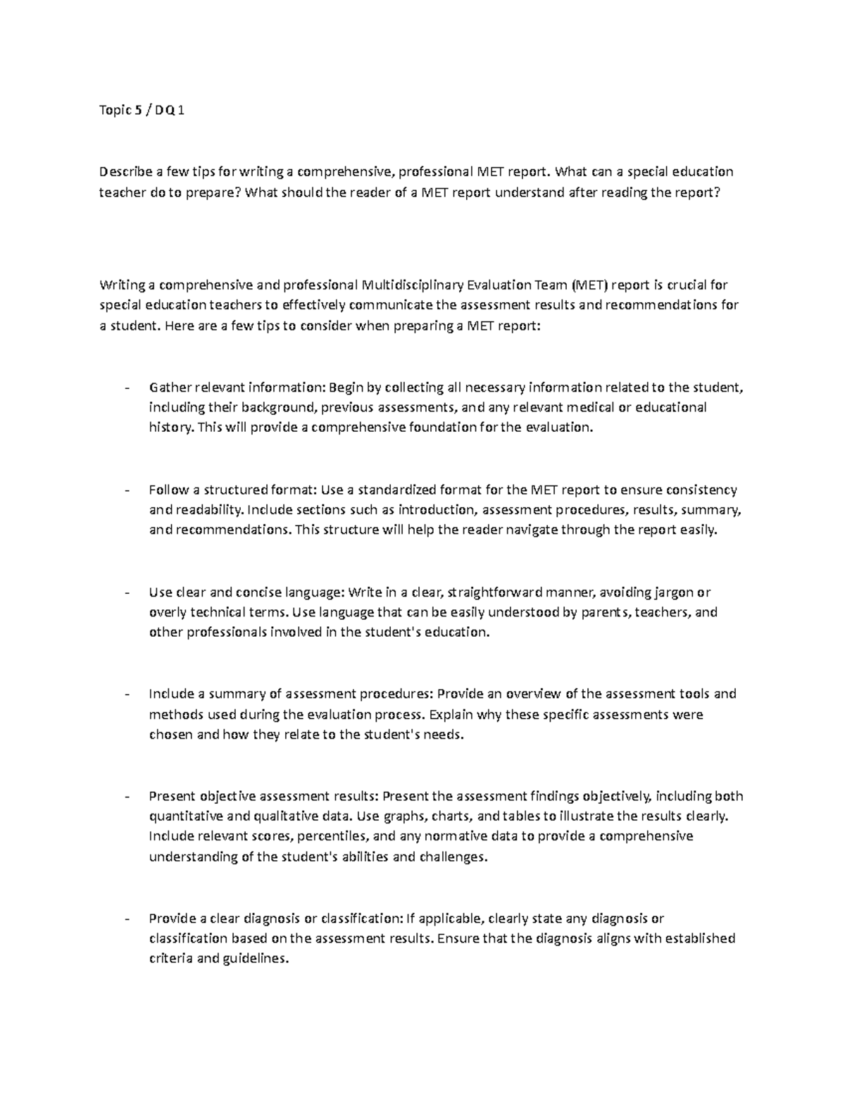 Tips for Writing a Comprehensive MET Report - SPD531 DQ1 Week 5 - Studocu