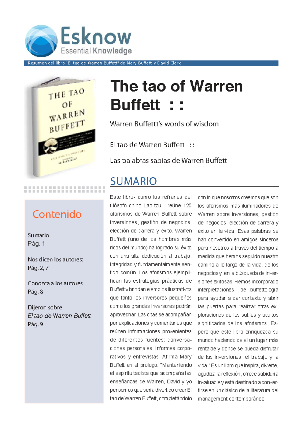 Resumen del libro "El Tao de Warren Buffett" - Mary Buffett y David ...