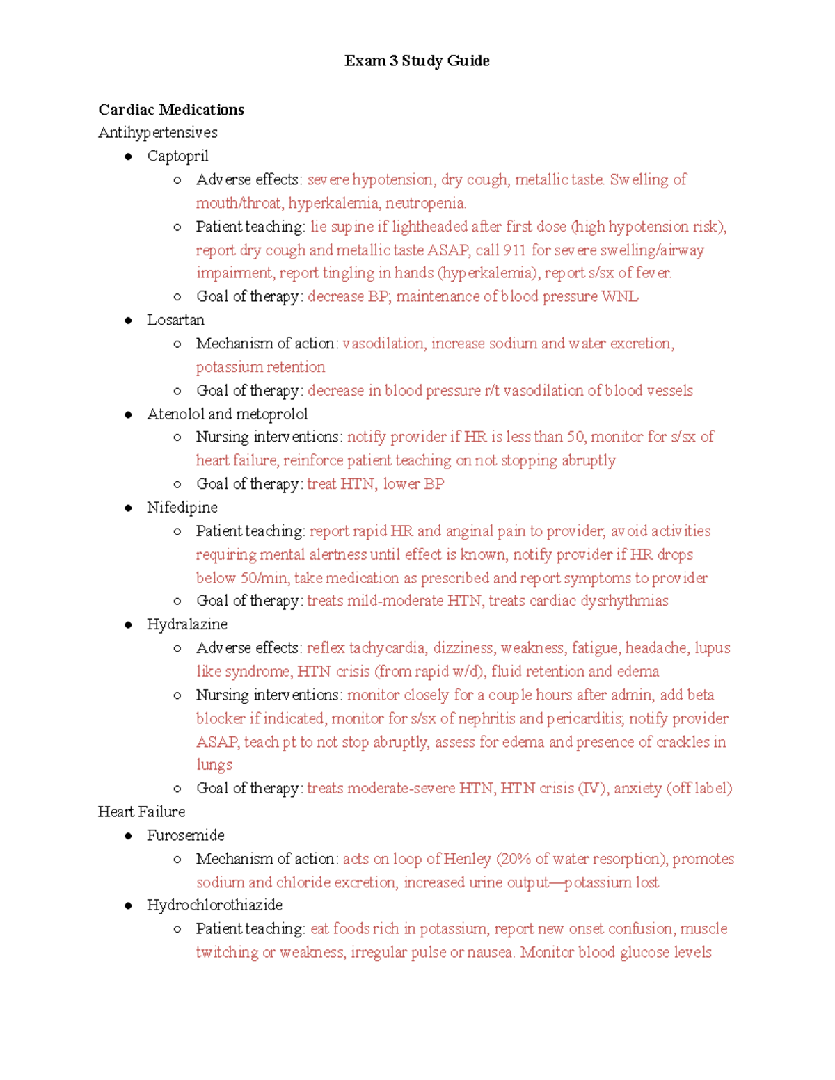Exam 3 Study Guide: Cardiac Medications & Antihypertensives - Studocu