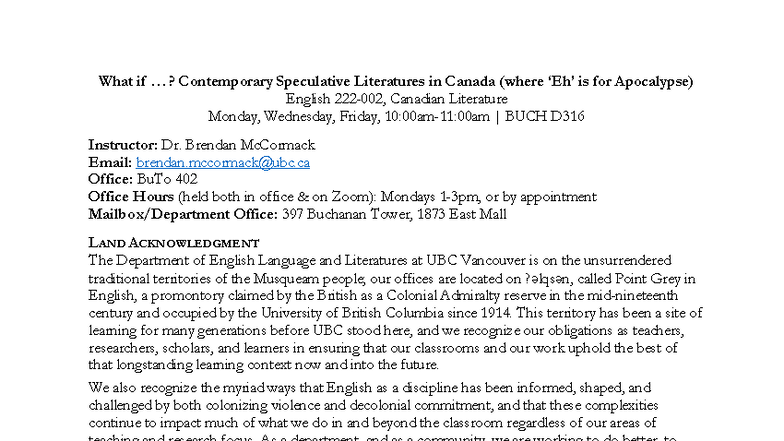 ENGL 222 Syllabus: Speculative Literatures in Canada (Apocalypse Focus ...