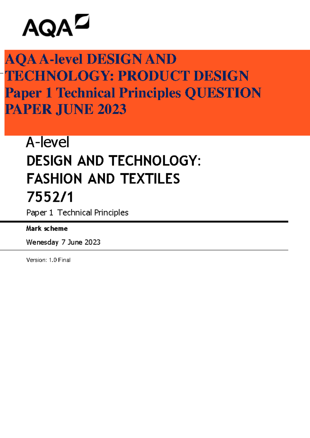 AQA A-Level Design & Technology: Product Design Paper 1 QP June 2023 ...