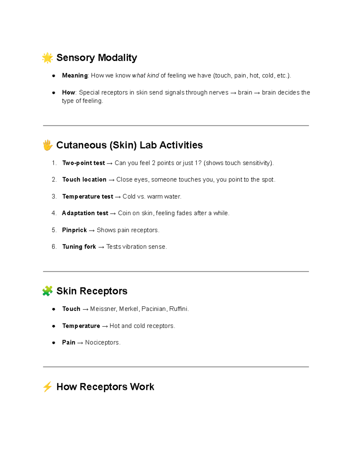 Quiz 3 Study Guide: Sensory Modality & Receptors Overview - Studocu