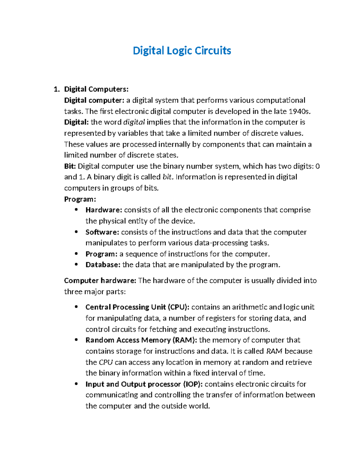 Chapter 1 - Digital Logic Circuits (CSE101) Overview and Concepts - Studocu