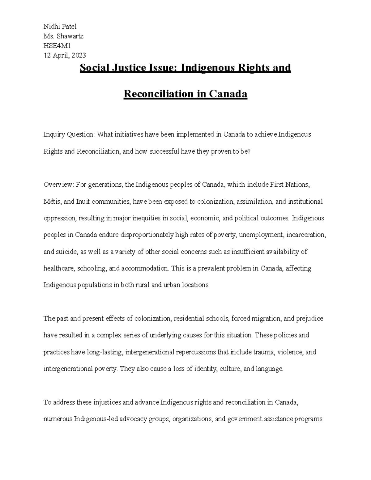 HSE4M1 Inquiry Assignment: Indigenous Rights & Reconciliation in Canada ...