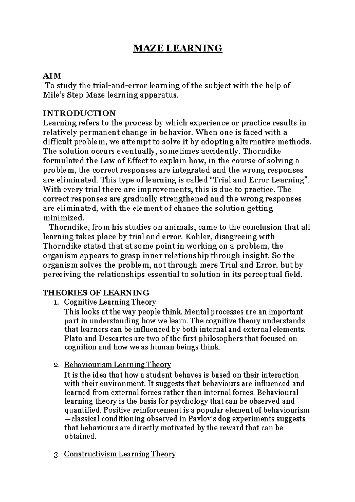 MAZE Learning: Exploring Trial-and-Error through Experimental Methods - Studocu