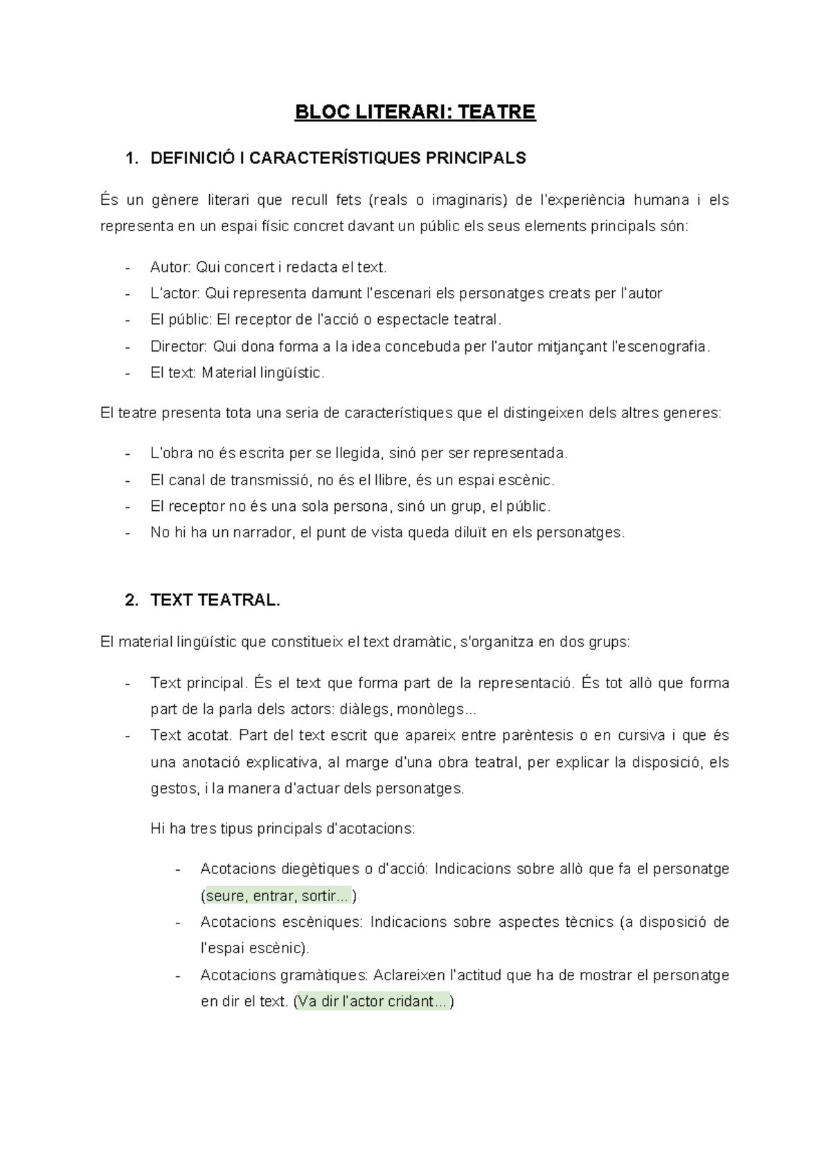 BLOC LITERARI: TEATRE 1 - DEFINICIÓ I CARACTERÍSTIQUES PRINCIPALS - Studocu