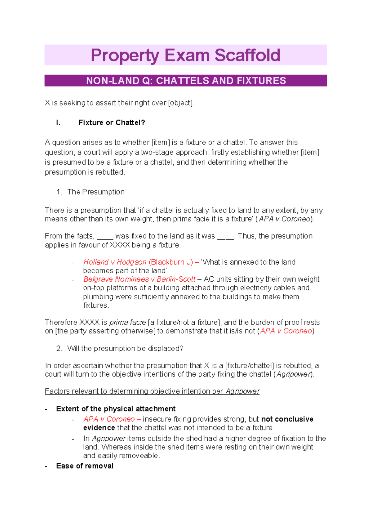 Property Exam Notes: Chattels vs. Fixtures Analysis - Studocu