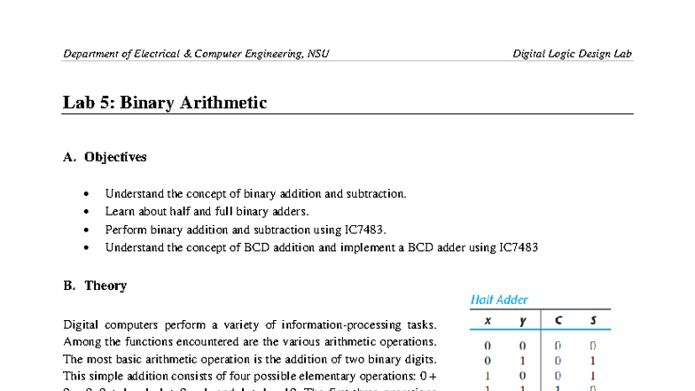 Digital Logic Design Lab 5: Binary Arithmetic (ECE 101) - Studocu