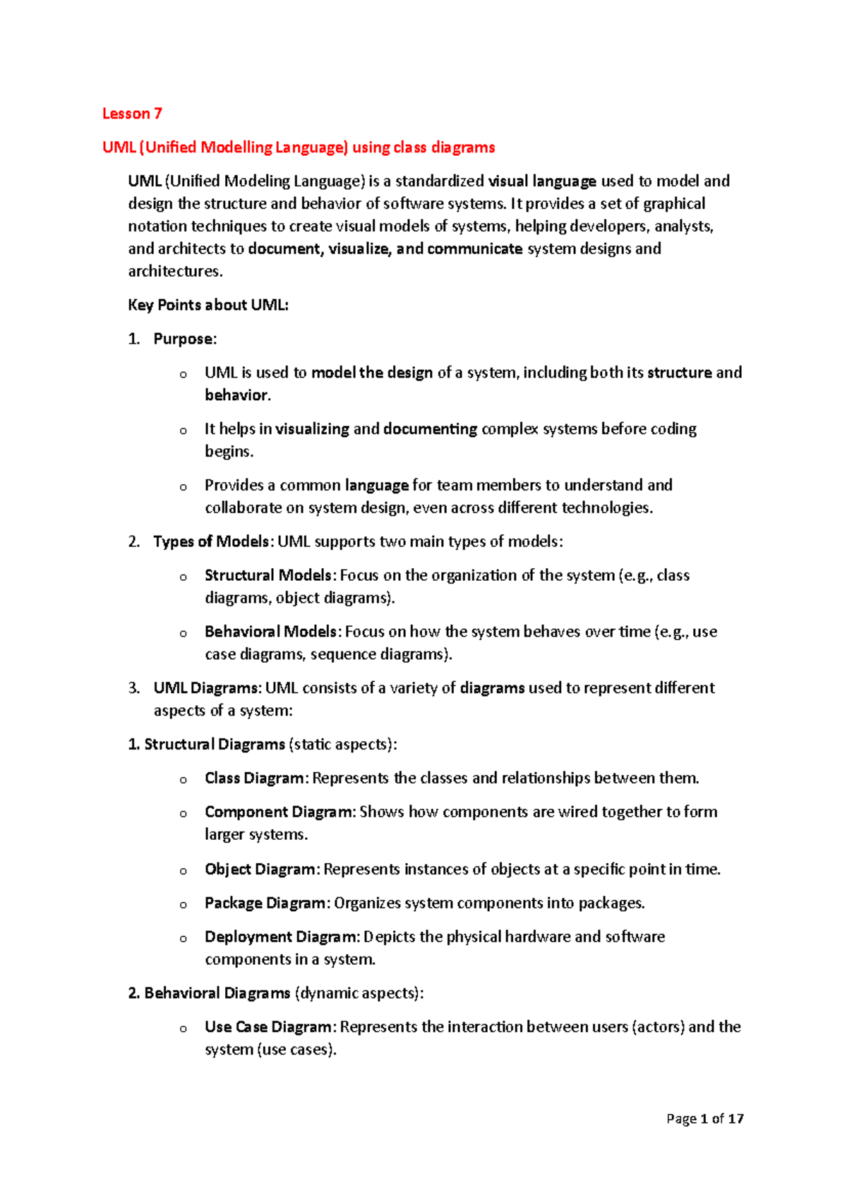 Lesson 7: UML Class Diagrams and Their Applications - Studocu