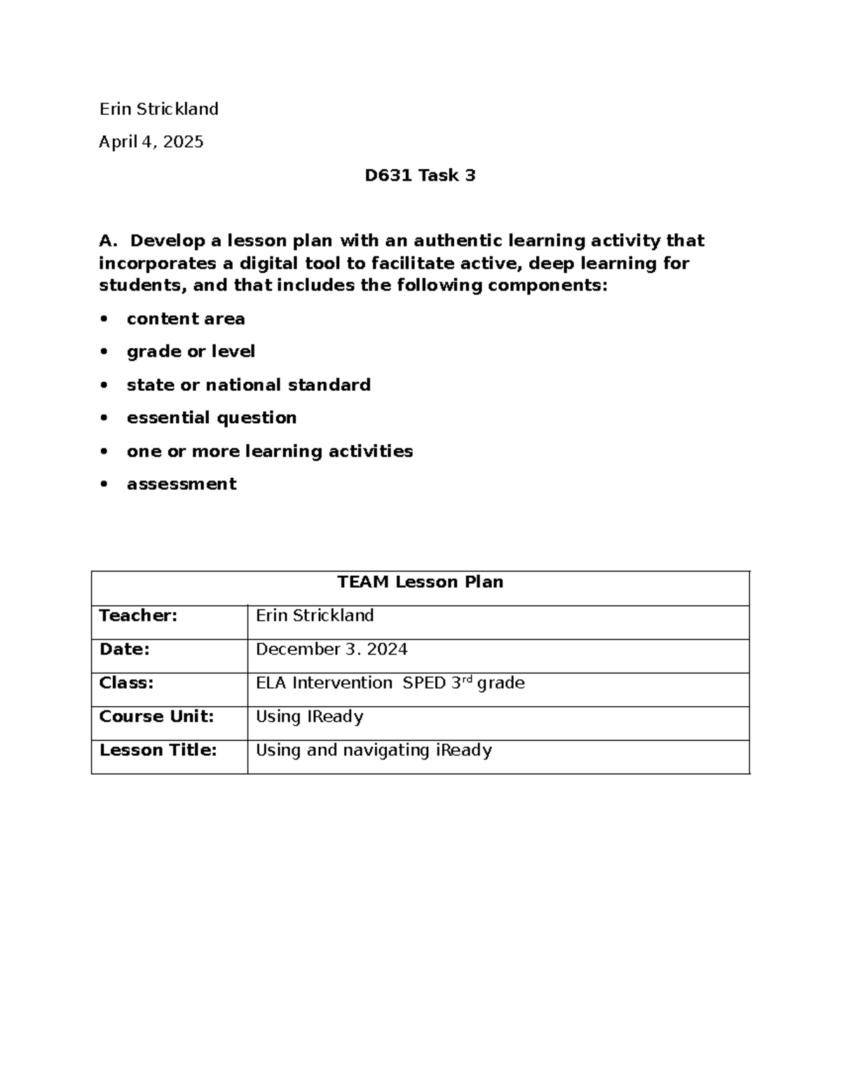 D631 Task 3 - Creating an Engaging Lesson Plan Using iReady for SPED ...