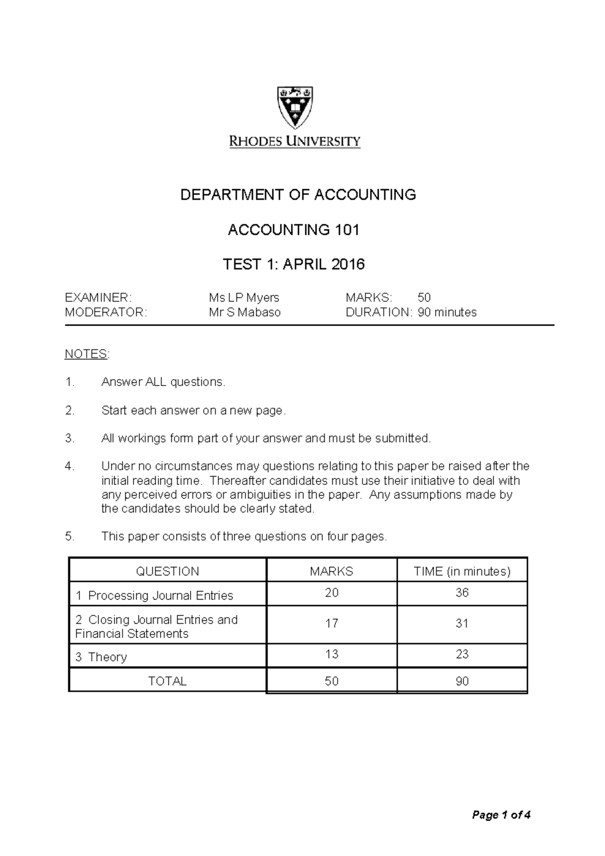 Accounting 101 Test 1: April 2016 Exam Questions and Guidelines - Studocu