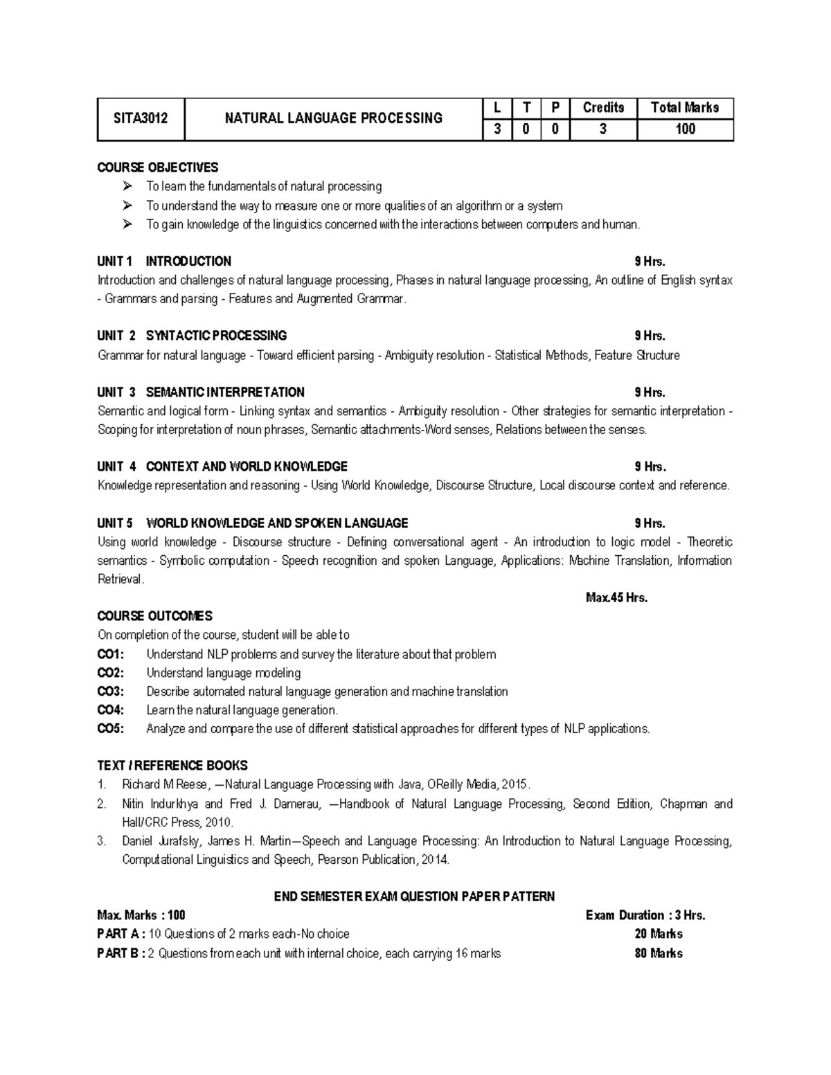 SITA3012 Natural Language Processing Course Syllabus - Studocu
