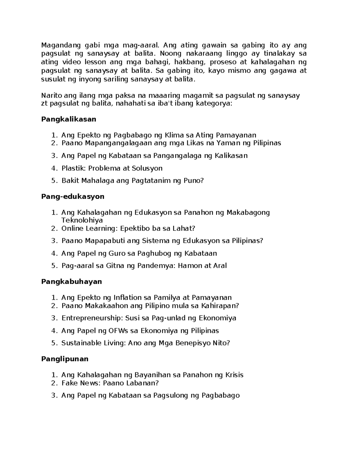 Gawain Pagsulat ng Sanaysay at Balita - Magandang gabi mga mag-aaral ...