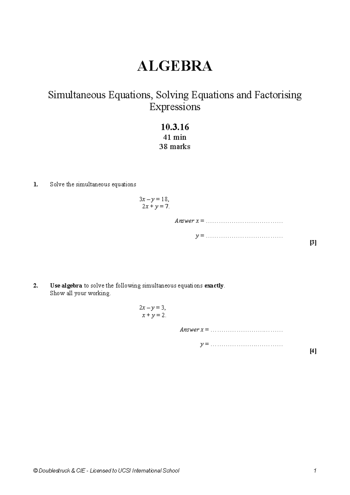 ALGEBRA 10.3.16: Solving Simultaneous Equations & Factorising ...