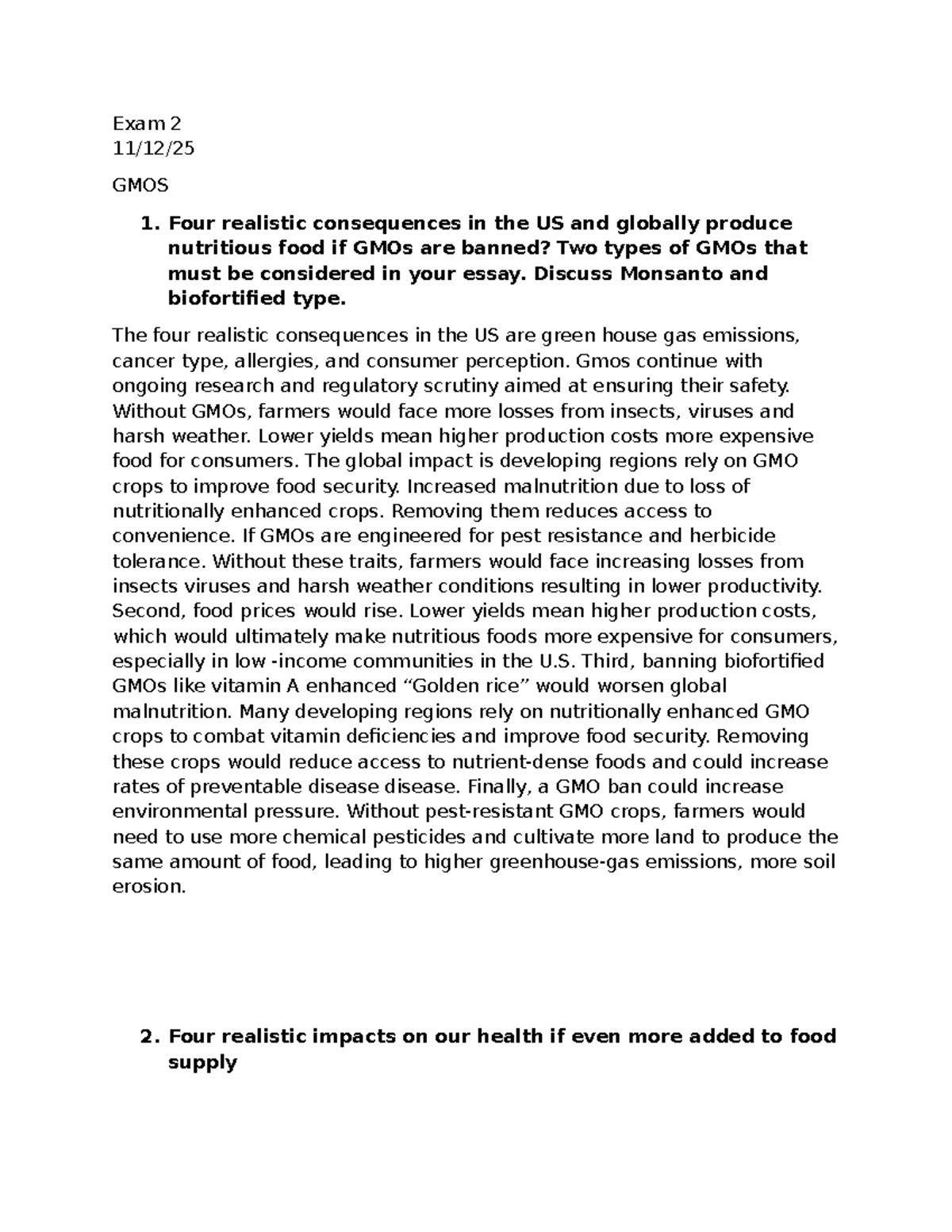 Exam 2 GMOS: Consequences of Banning GMOs on Food Security and Health ...